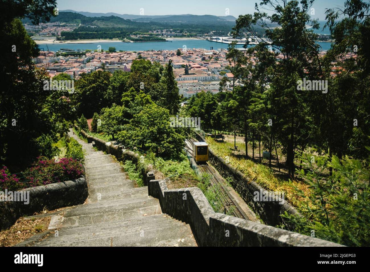 Funicular and stone stairs to the mountain sanctuary of Santa Luzia in ...