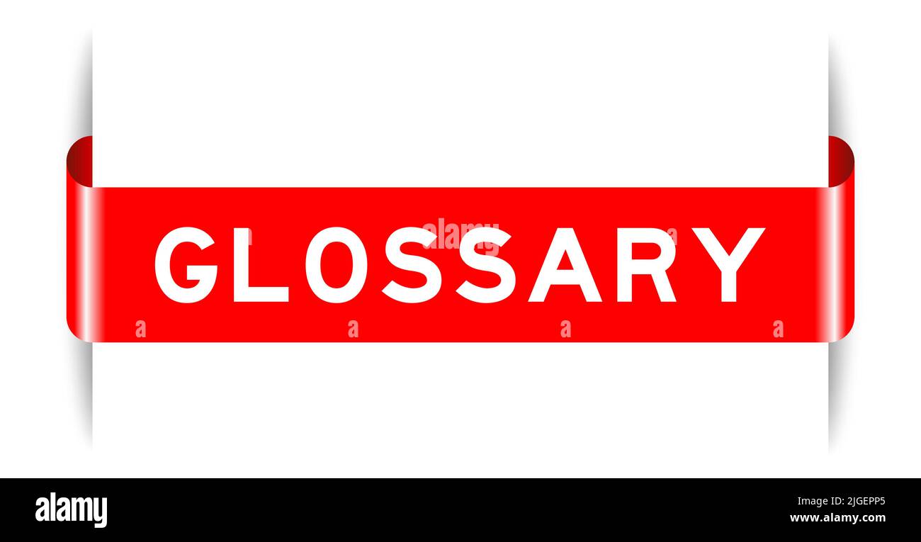Red color inserted label banner with word glossary on white background ...