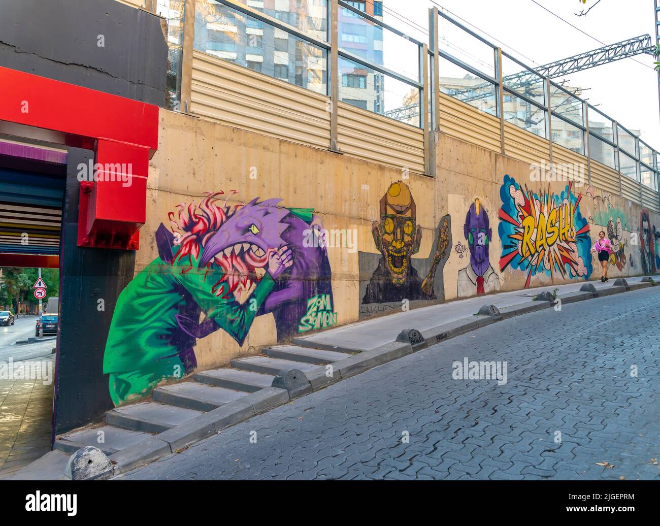 Wall at the railway passage with v arious murals on dystopian subjects ...