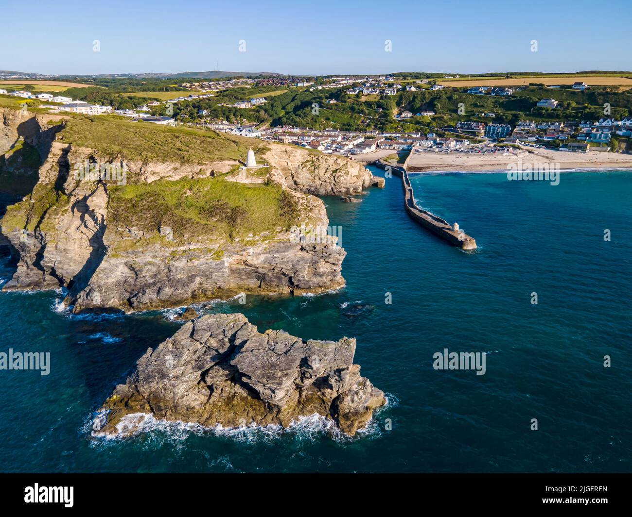 Portreath in Cornwall with Horse Rock, The Pepper Pot and Monkey Hut on ...