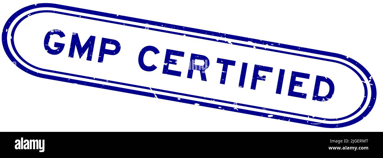 Grunge blue GMP (Good manufacturing practice) certified word rubber seal stamp on white ...