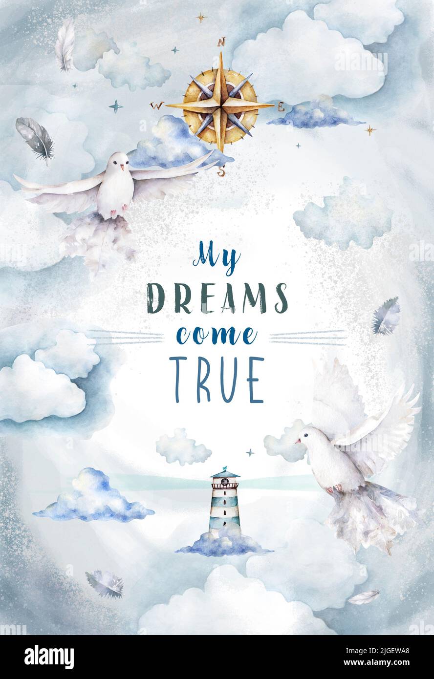 doves of hope, greeting card, watercolor, dreams, lighthouse, compass ...
