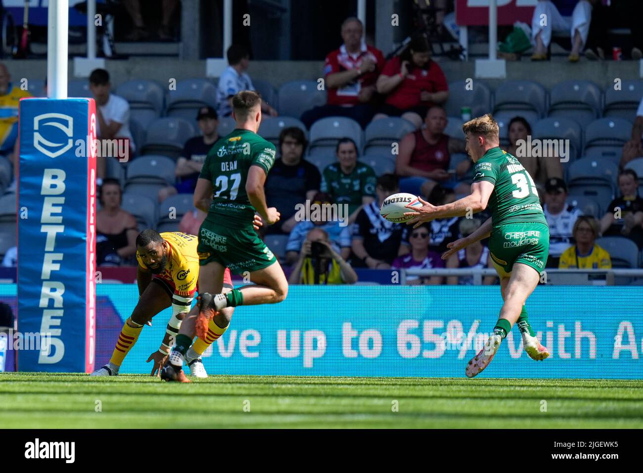 Matty Nicholson #35 of Warrington Wolves collects the scoring pass for ...