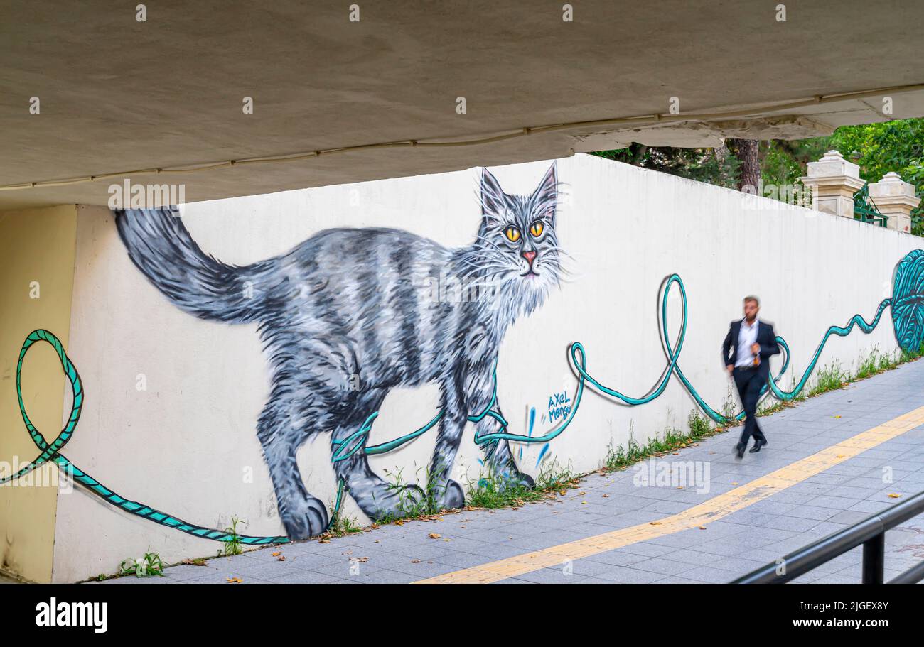 Mural depicting cats by Axel Mengu on walls under viaduct, bridge ...