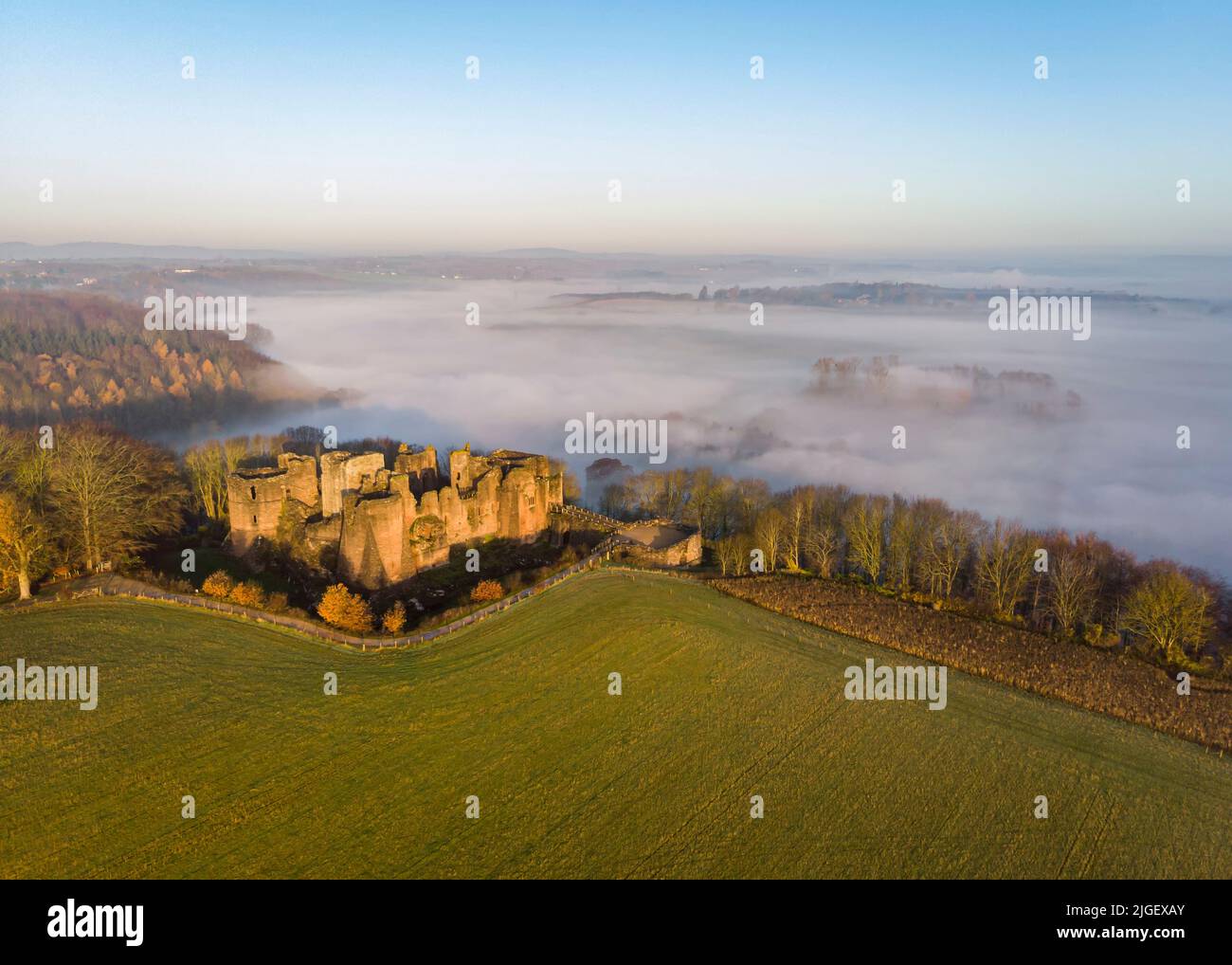 Morning mist rising over the River Wye next to Goodrich Castle Stock ...