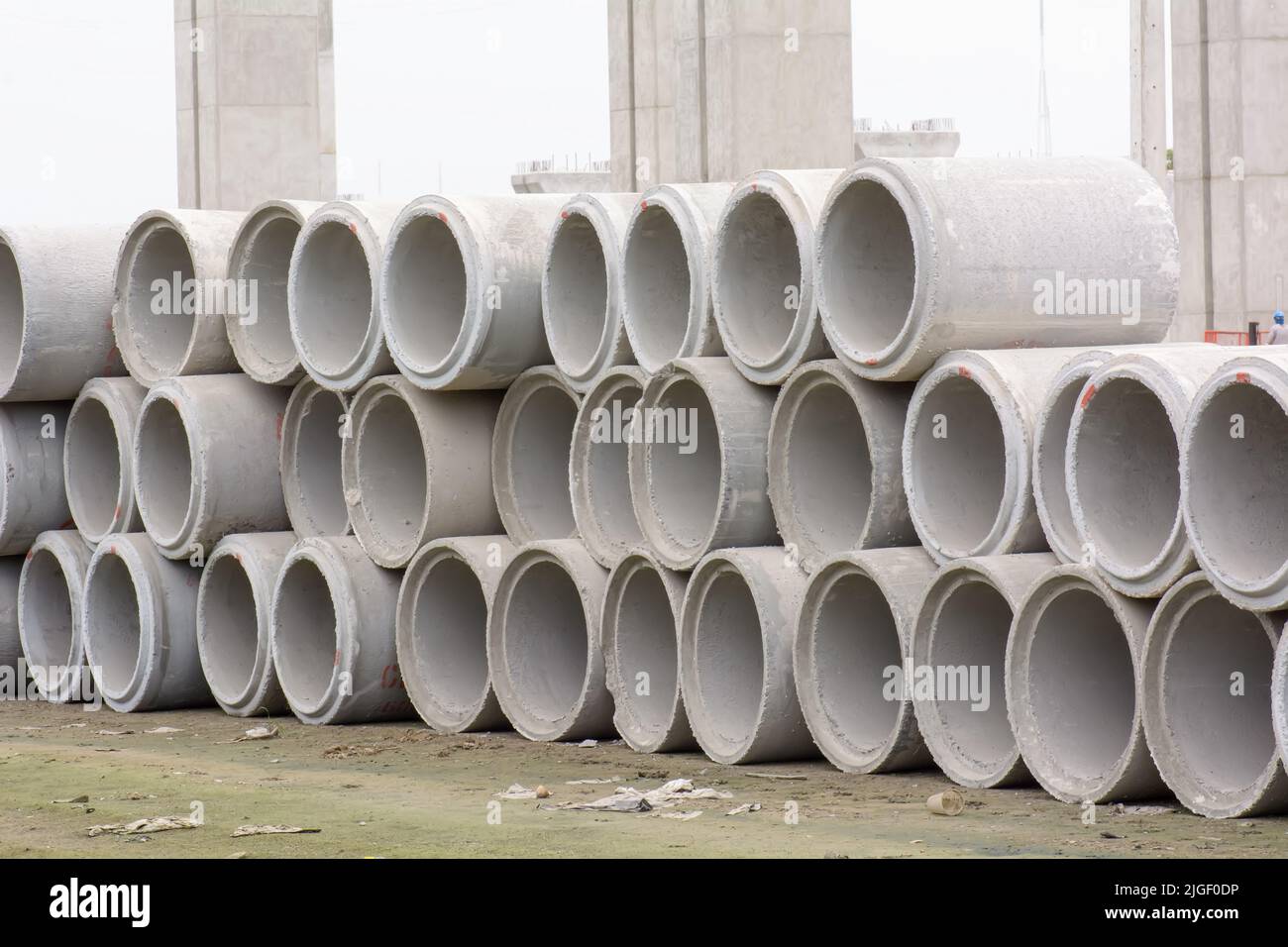 Concrete drainage pipes for industrial building construction Stock ...