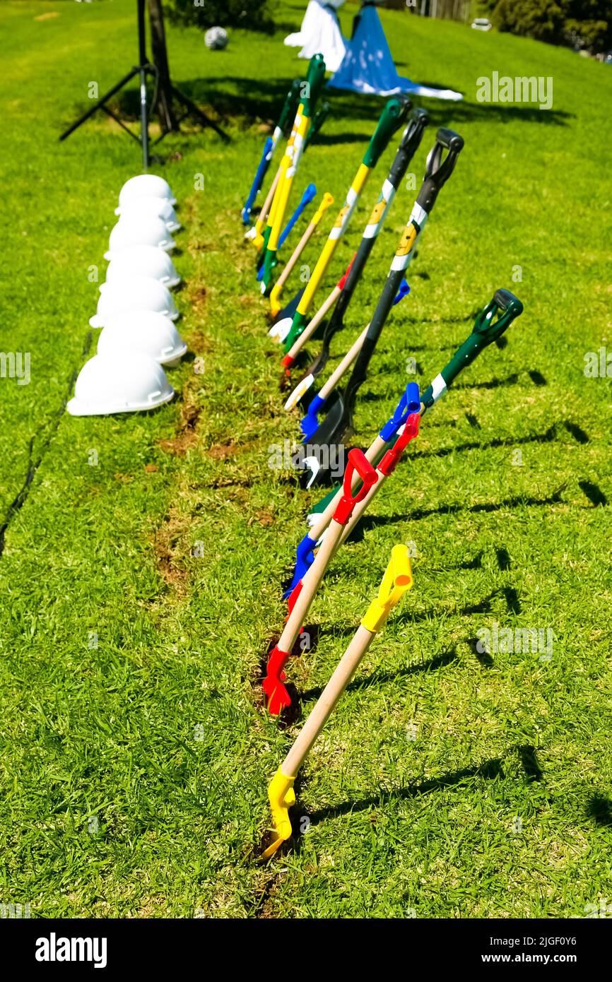 A selective of spades and hard hats for a groundbreaking ceremony Stock ...