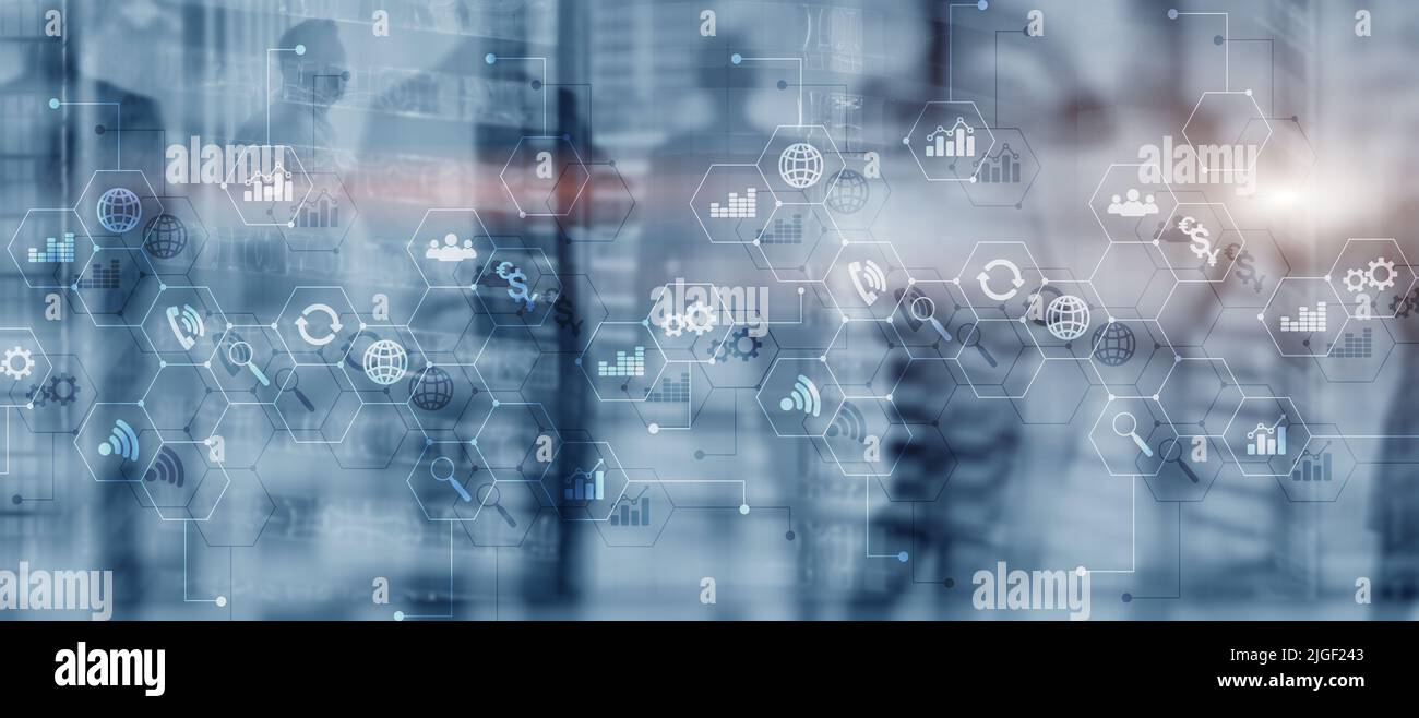 Diagrams and icons on hologram screen. Background with silhouettes ...