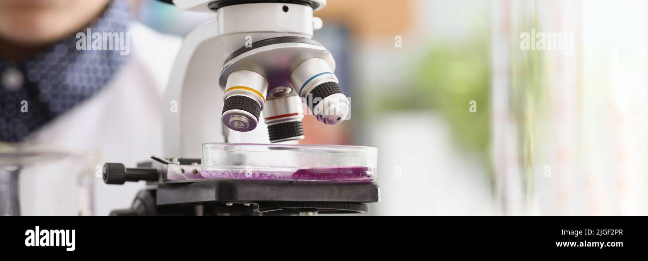 Woman scientist explore purple sample under microscope in laboratory ...