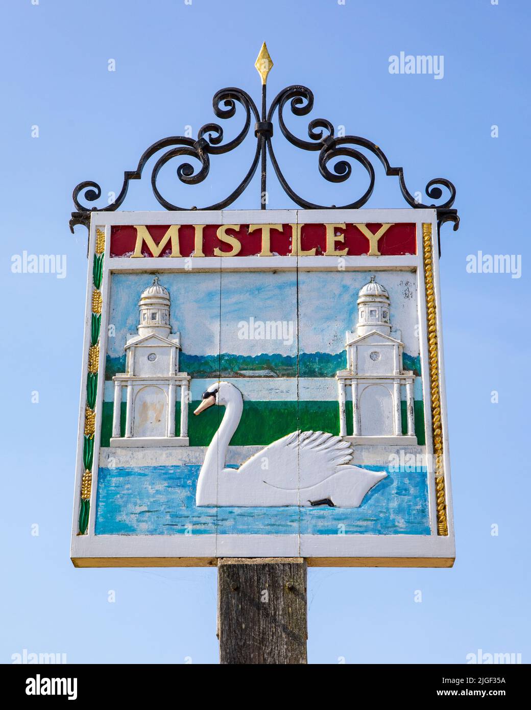 A vintage sign wlecoming visitors to the village of Mistley in Essex ...