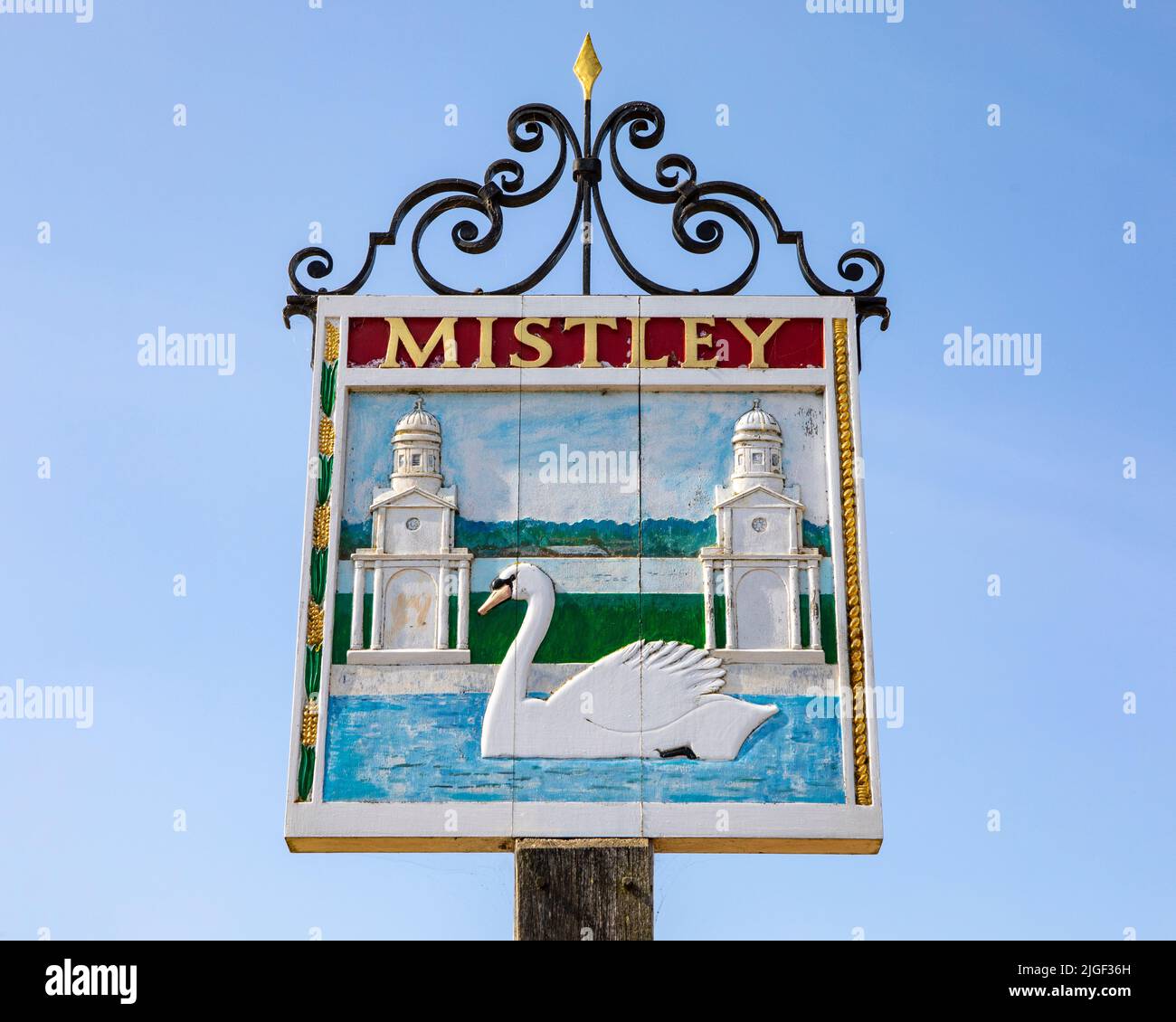 A vintage sign welcoming visitors to the village of Mistley in Essex ...