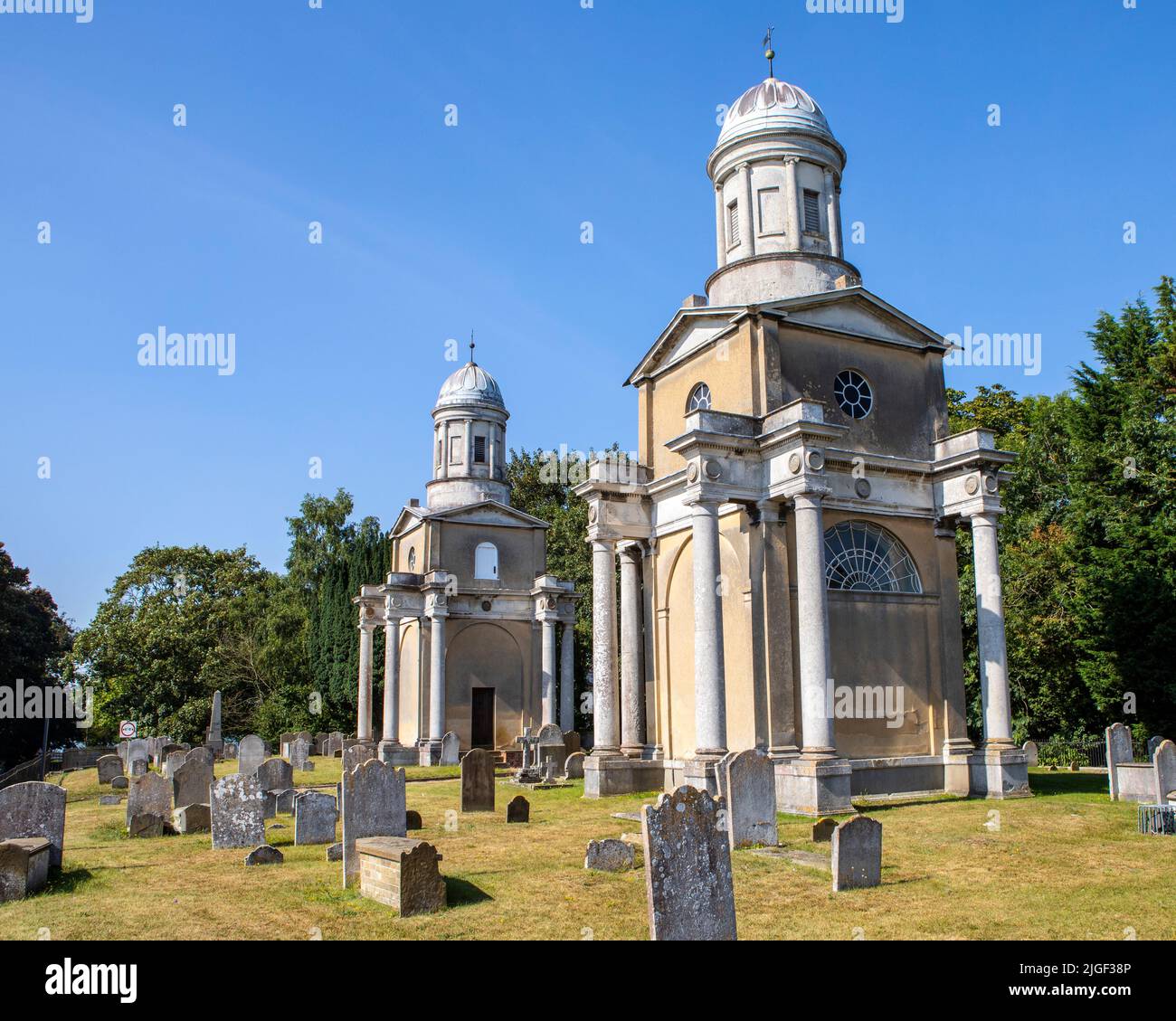 The historic Mistley Towers in the village of Mistley in Essex, UK. The ...