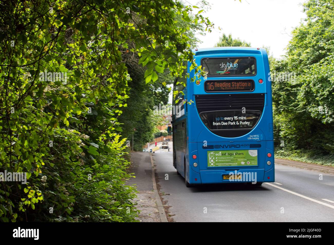 The blue 16th double decker bus on a road in West Berkshire, UK Stock ...