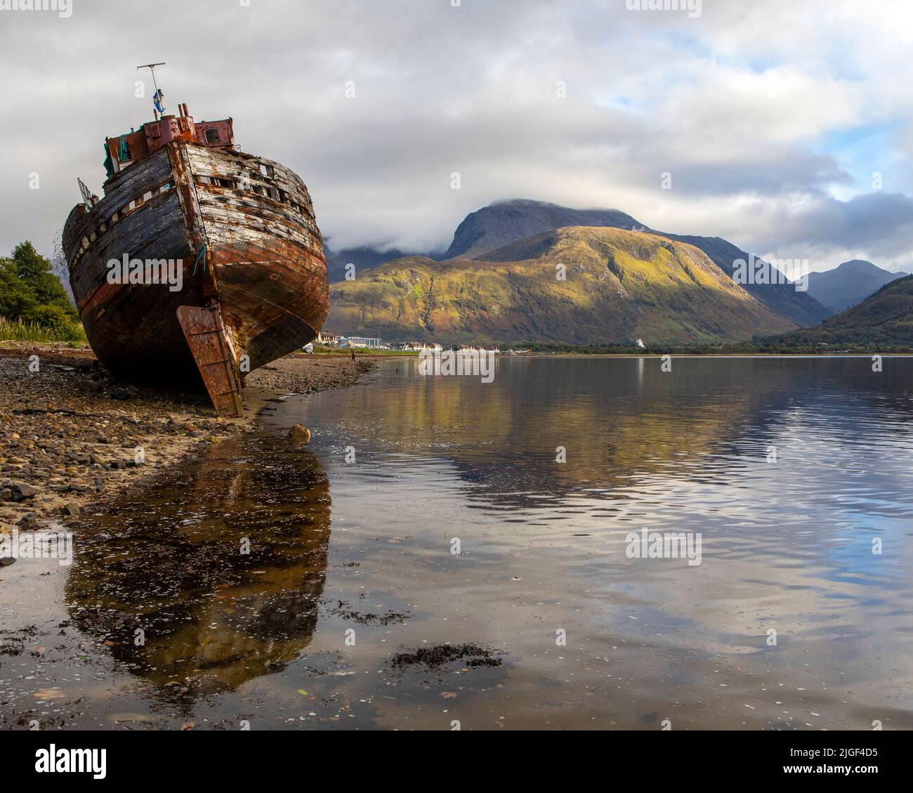 The shipwrecked Old Boat of Caol with Ben Nevis in the distance, in the ...