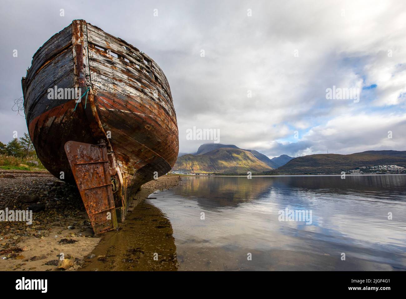 The shipwrecked Old Boat of Caol with Ben Nevis in the distance, in the ...