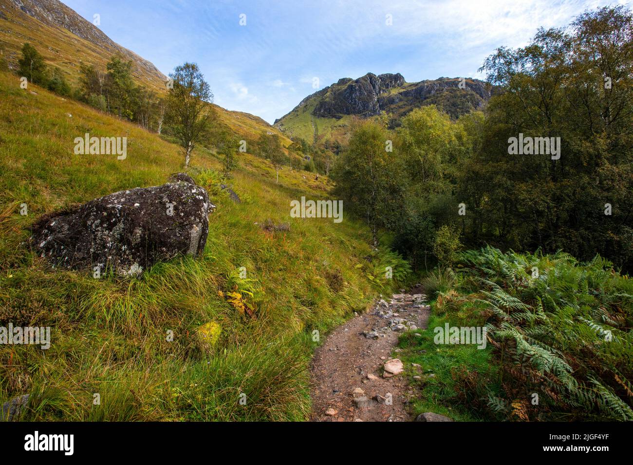 A rugged path in the Nevis Gorge en-route to Steall Waterfall in the ...