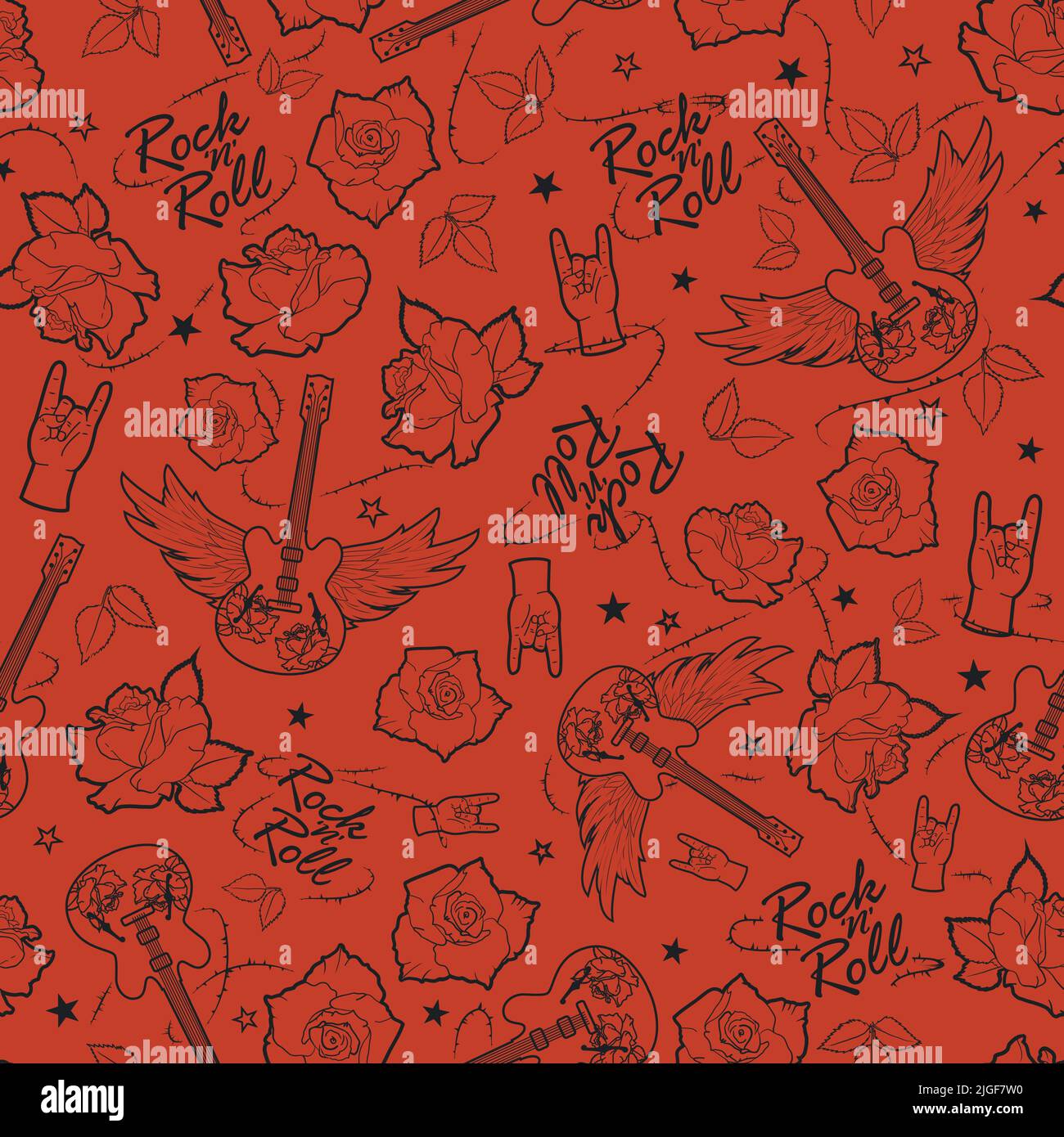 Rock and Roll Roses and Guitars on Red Background Stock Vector Image ...