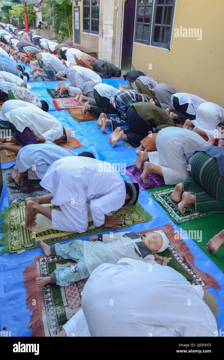 Indonesia. 10th July, 2022. Muslims perform a morning prayer marking ...