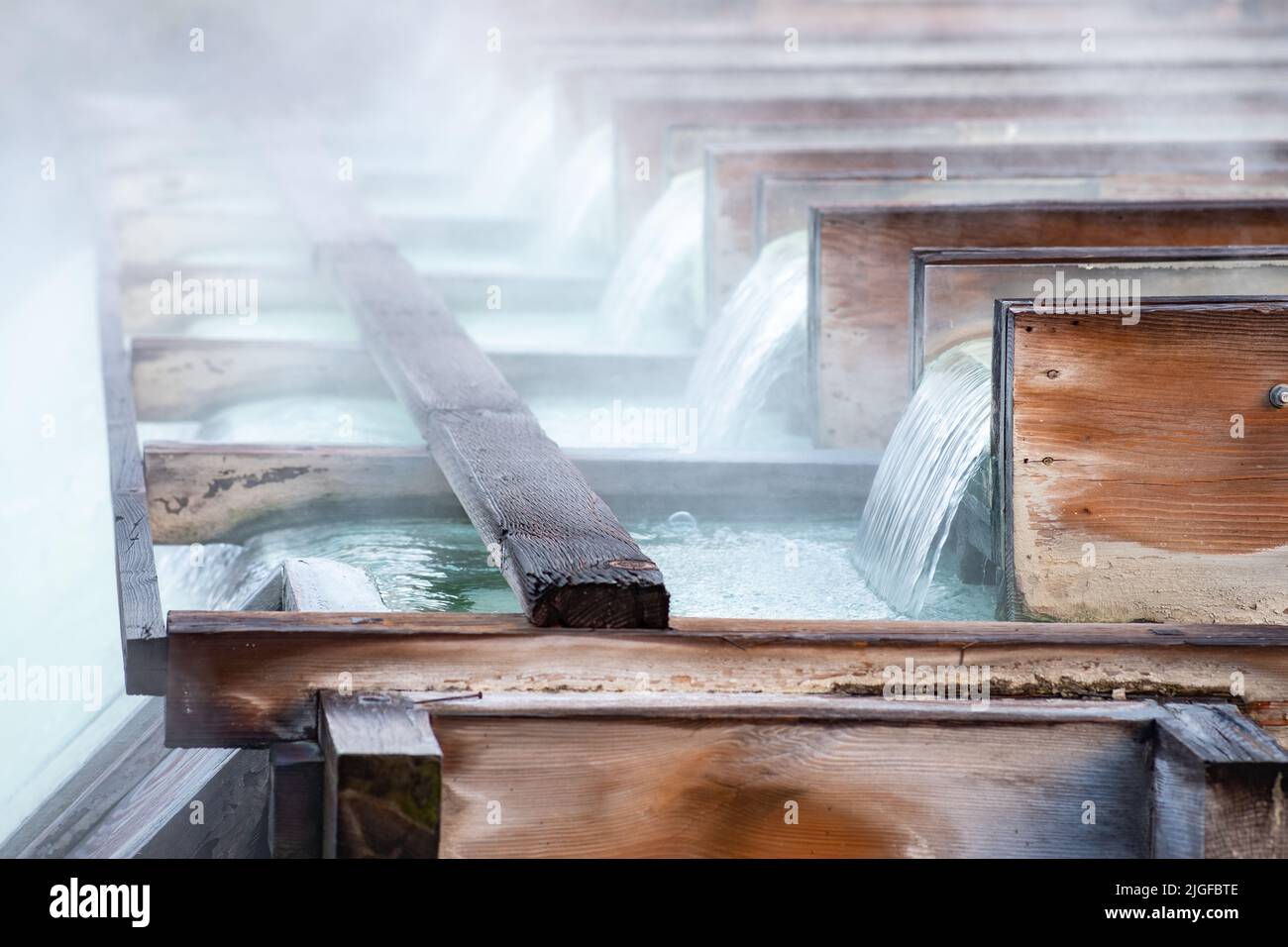 Yubatake Onsen, hot spring wooden boxes with mineral water in Kusatsu ...