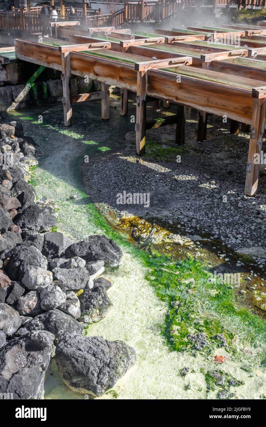 Yubatake Onsen, hot spring wooden boxes with mineral water in Kusatsu ...