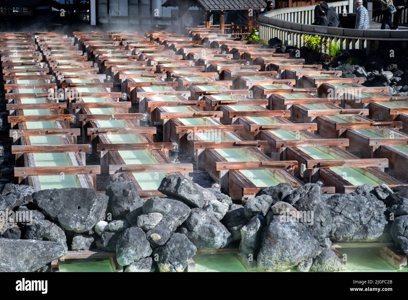 Yubatake Onsen, hot spring wooden boxes with mineral water in Kusatsu ...