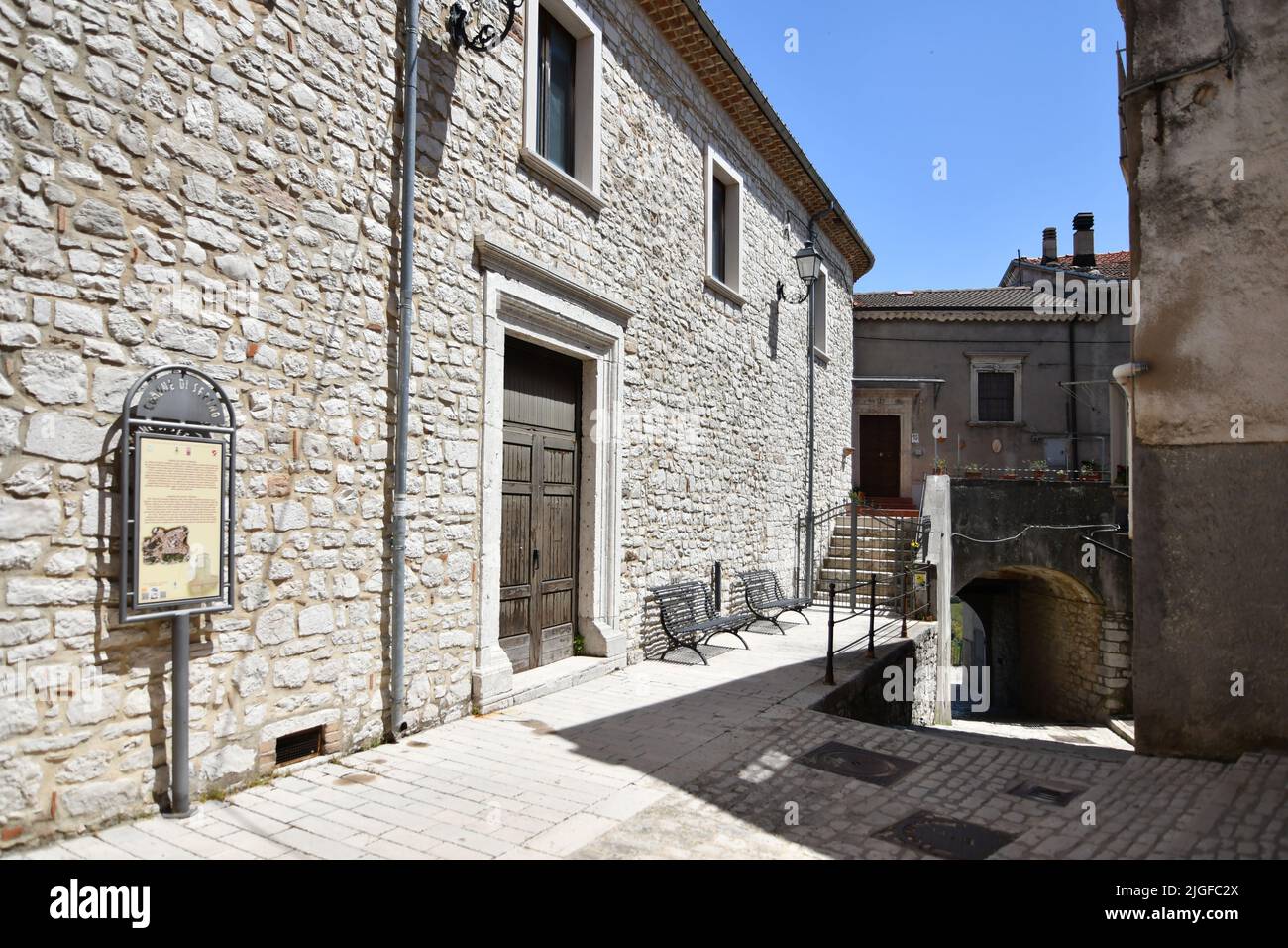 A narrow street in the medieval village of Sepino in the Molise region ...