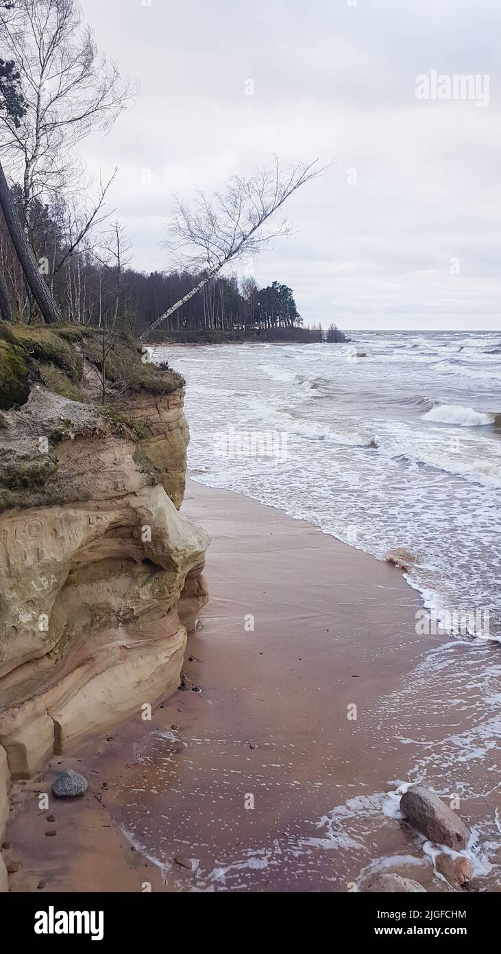 Sandstone cliffs at the Baltic seashore. Sandstone cliffs and caves at ...