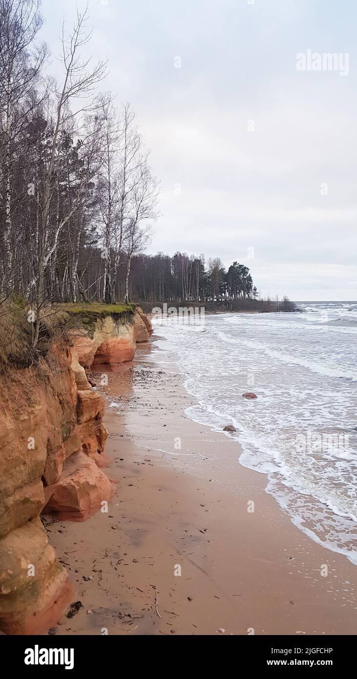 Sandstone cliffs at the Baltic seashore. Sandstone cliffs and caves at ...