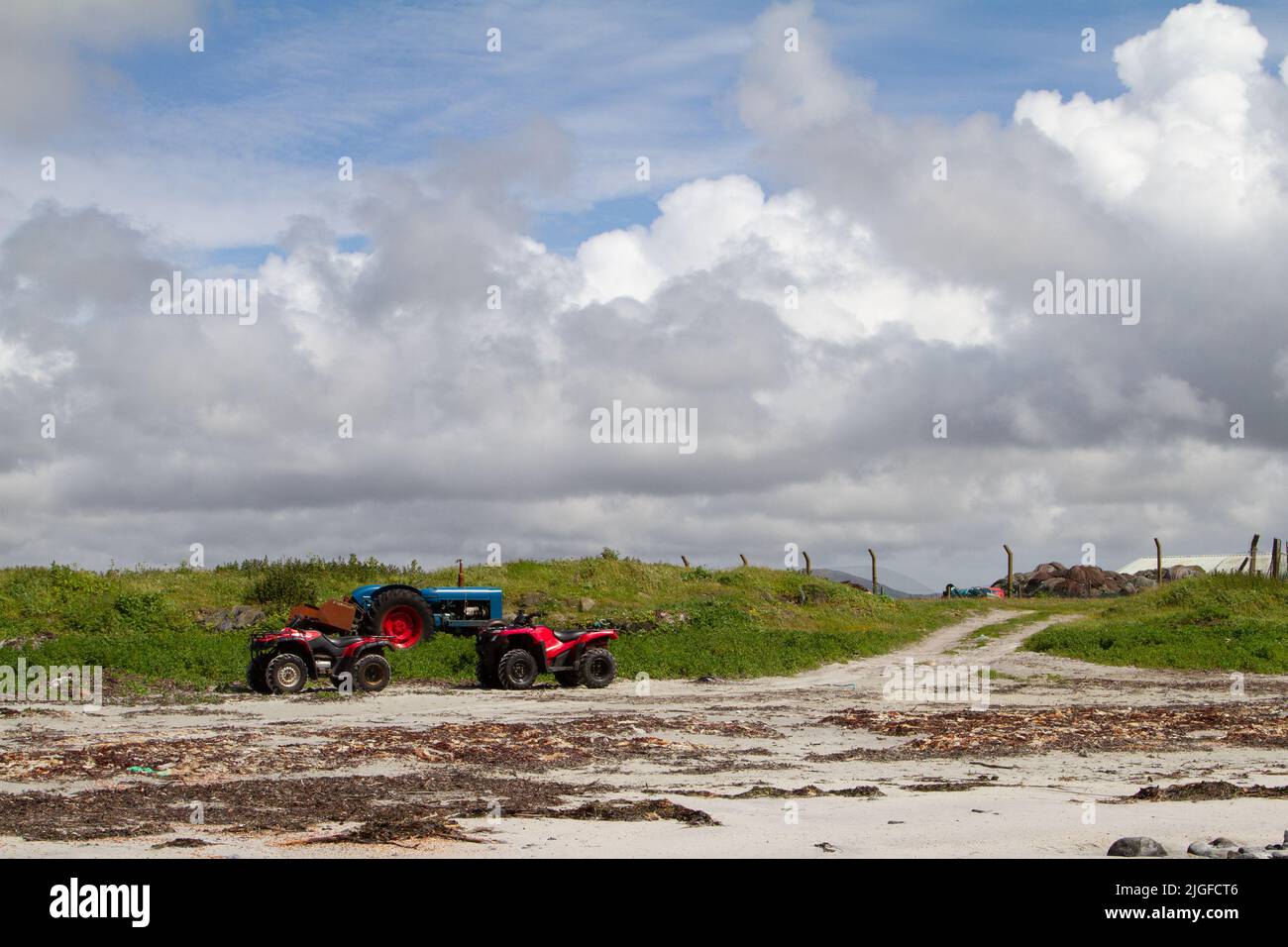 Farm vehicles on Boisdale Beach, South Uist, Outer Hebrides Stock Photo ...