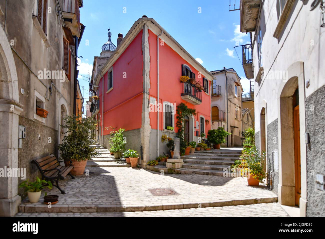 A narrow street in the medieval village of Sepino in the Molise region ...
