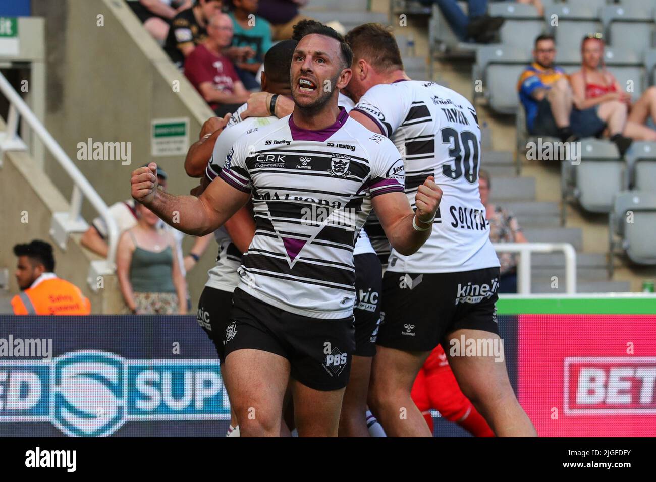 Luke Gale #7 of Hull FC gestures towards the Hull KR fans Stock Photo ...