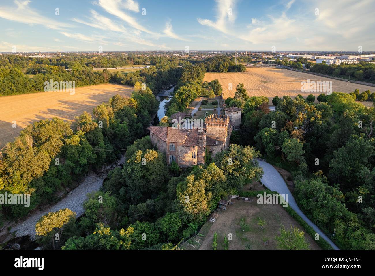 Aerial countryside view - Historic roman old fortress of Marne, Filago ...
