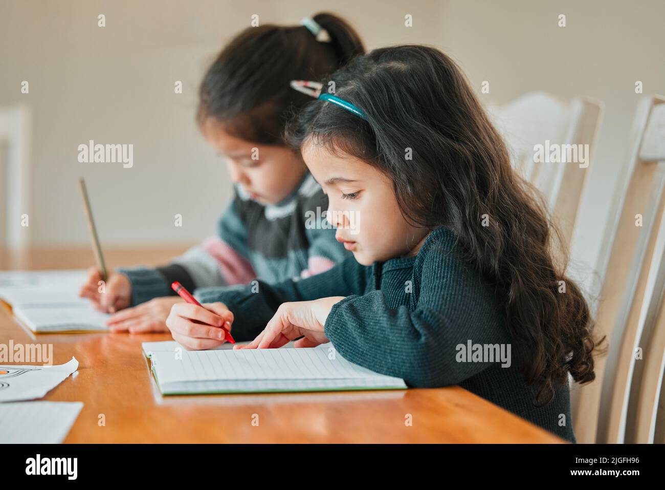 If we work quickly we can play. two sisters completing their homework ...