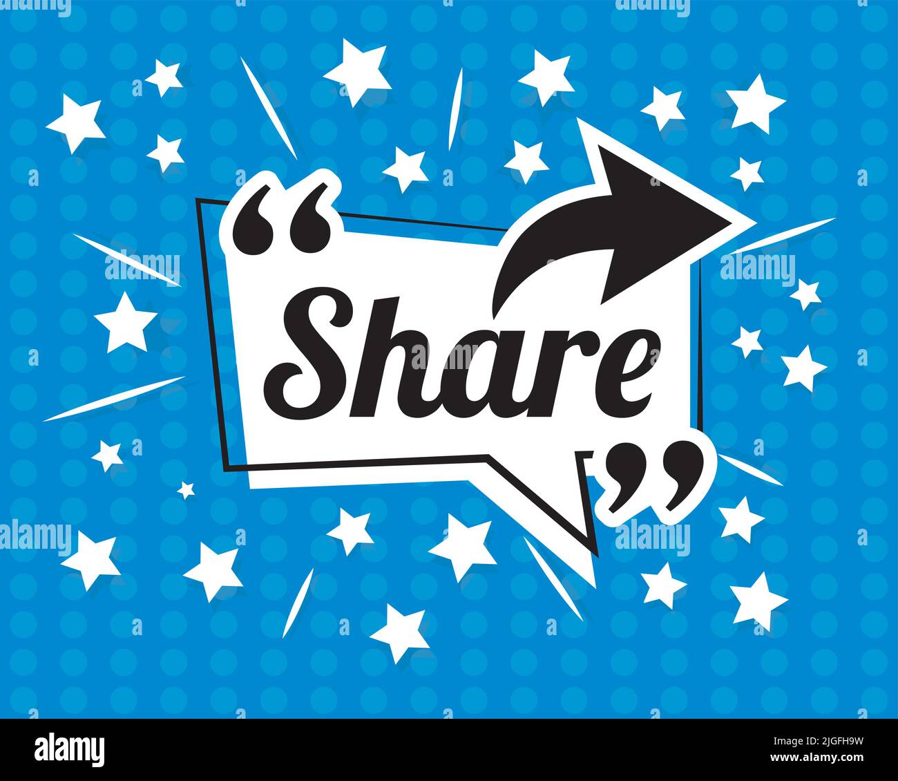 Share, pop art design in blue background with stars illustrations Stock ...