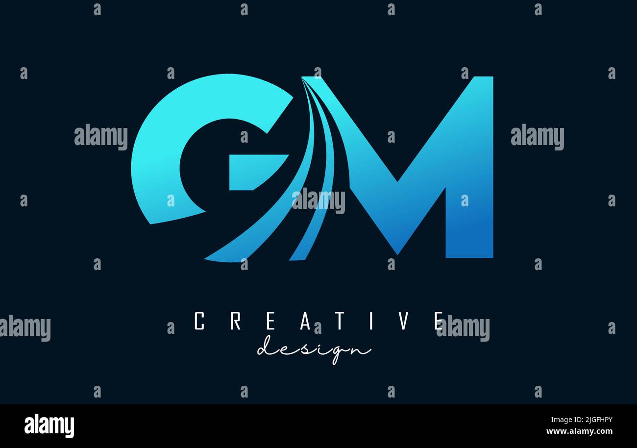 Creative blue letter GM g M logo with leading lines and road concept ...