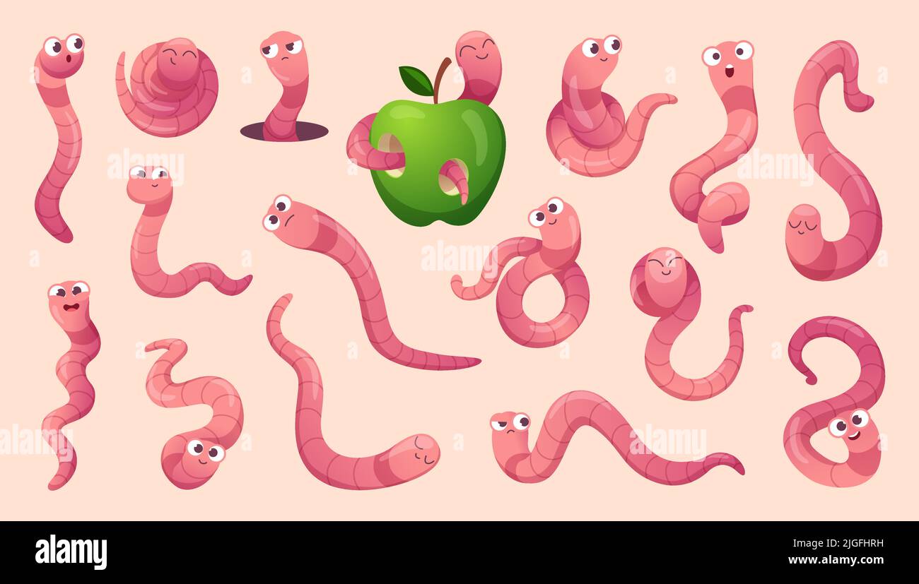 Cartoon worms. Creeping crawlers and bugs with smiling faces exact ...