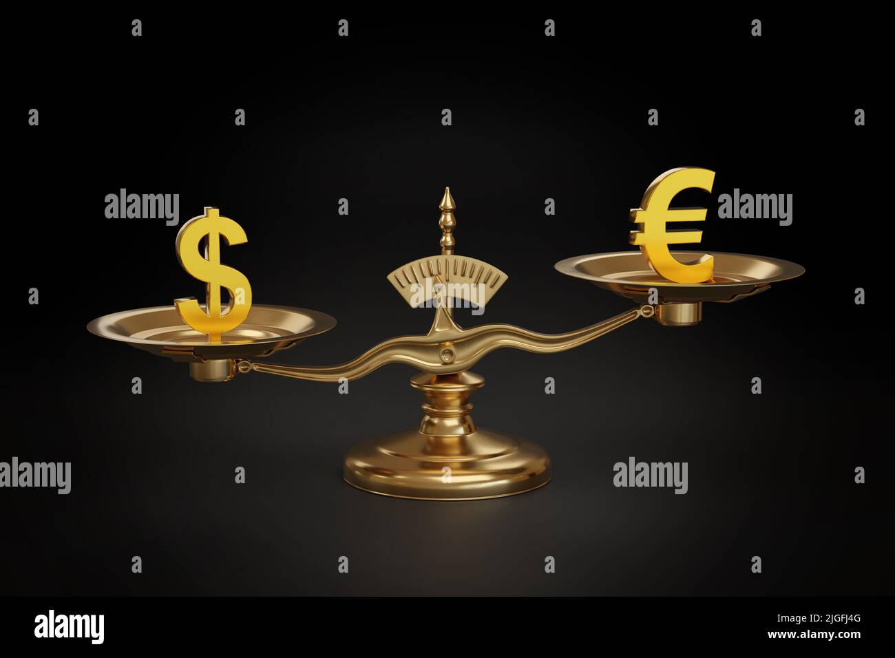 Balance scales with dollar and euro signs on their plates. 3d ...