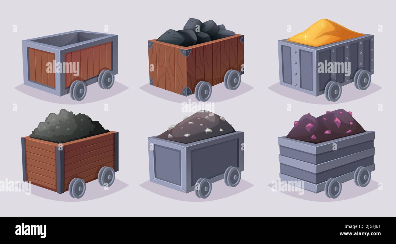 Mining carts. Minerals coal gold precious stones diamonds exact vector ...