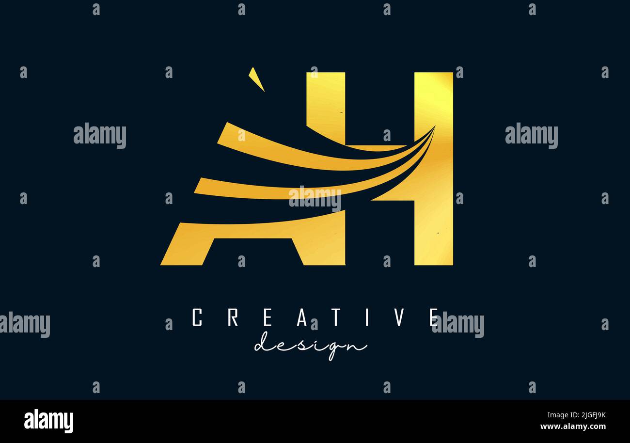 Creative golden letter AH A H logo with leading lines and road concept ...