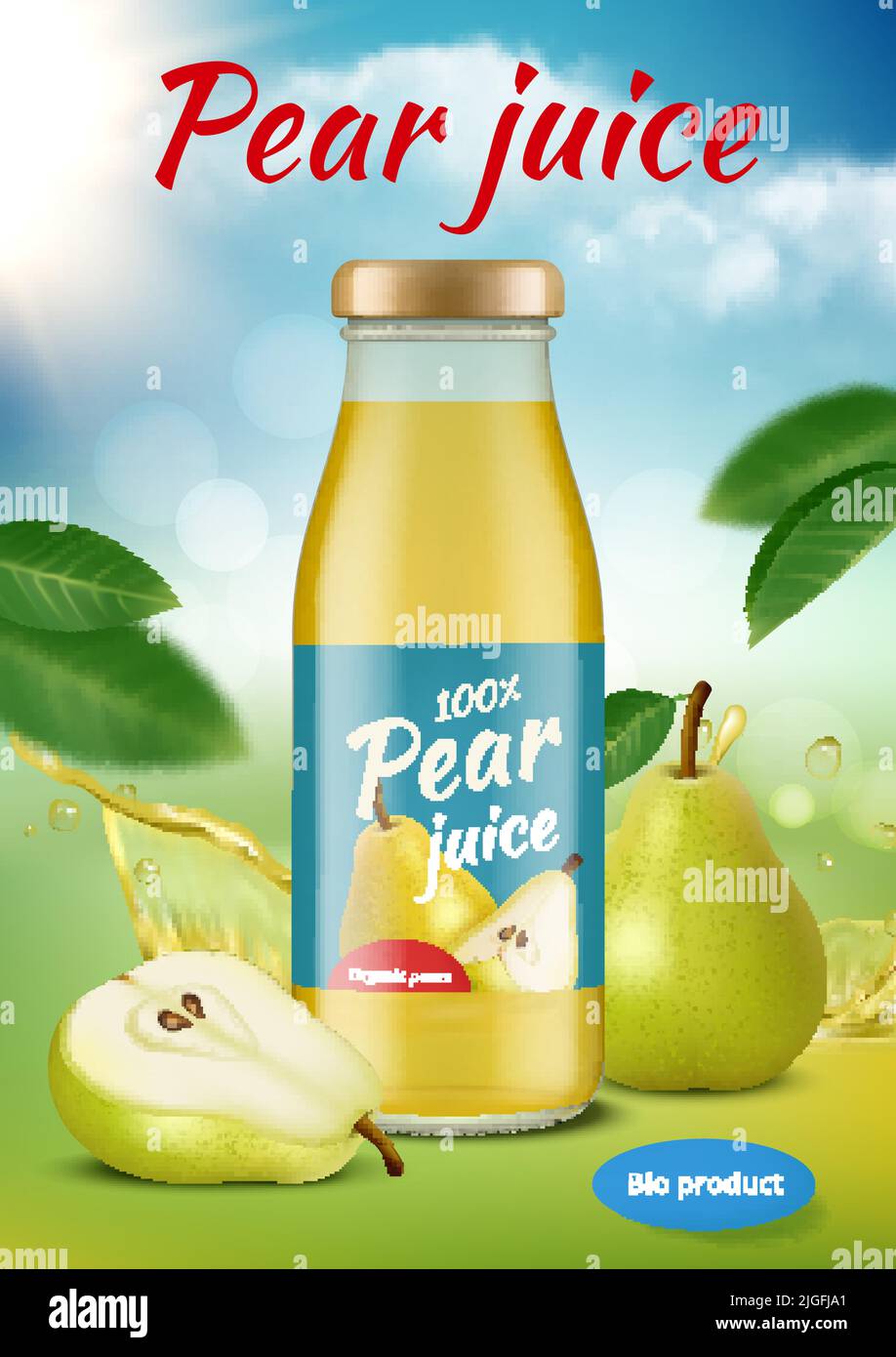Pears poster. Realistic placard template for fresh pear juice ads ...