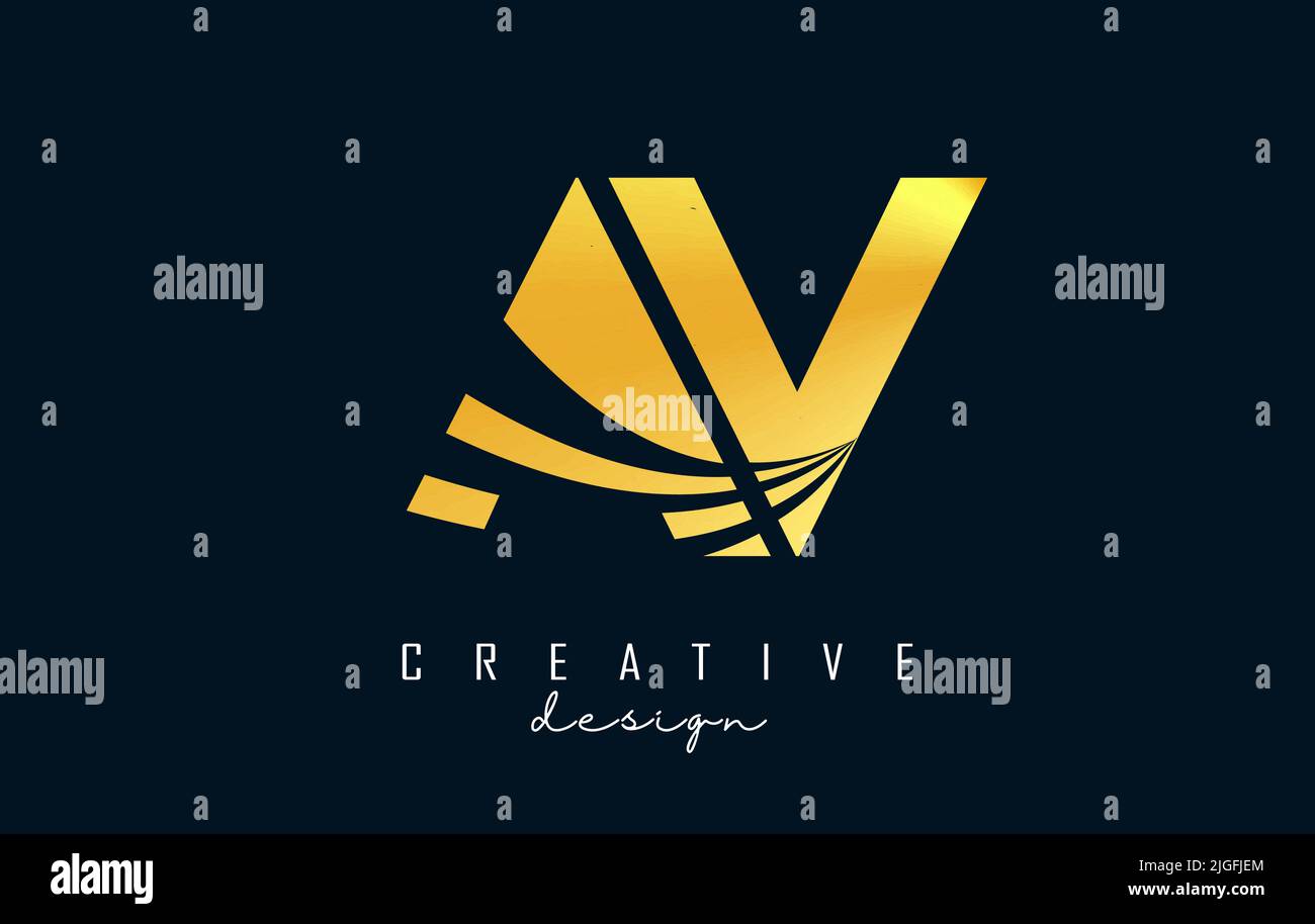Creative golden letter AV A V logo with leading lines and road concept ...