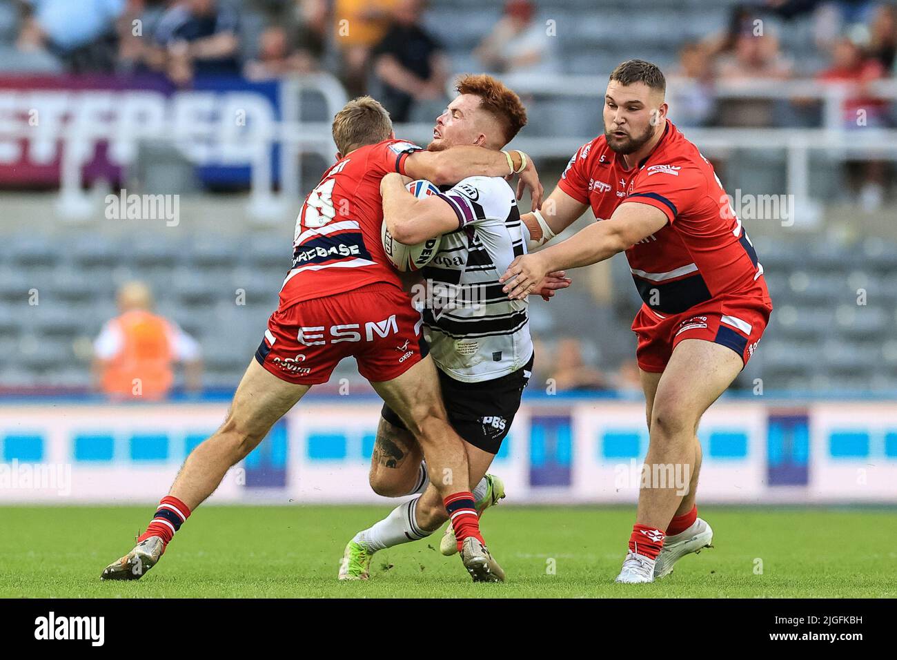 Jimmy Keinhorst #18 of Hull KR with a high tackle on Ellis Longstaff of ... Jimmy Keinhorst #18 of Hull KR with a high tackle on Ellis Longstaff of ...