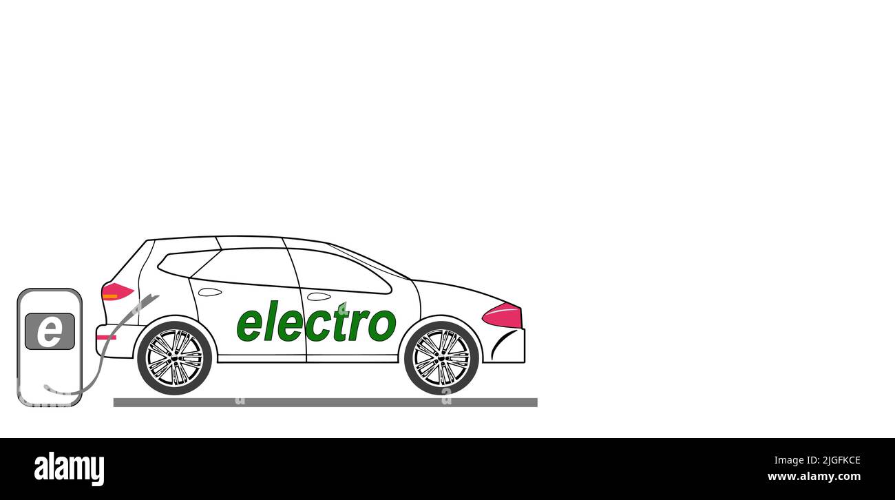 Electric car on charging station with green city street skyline ...