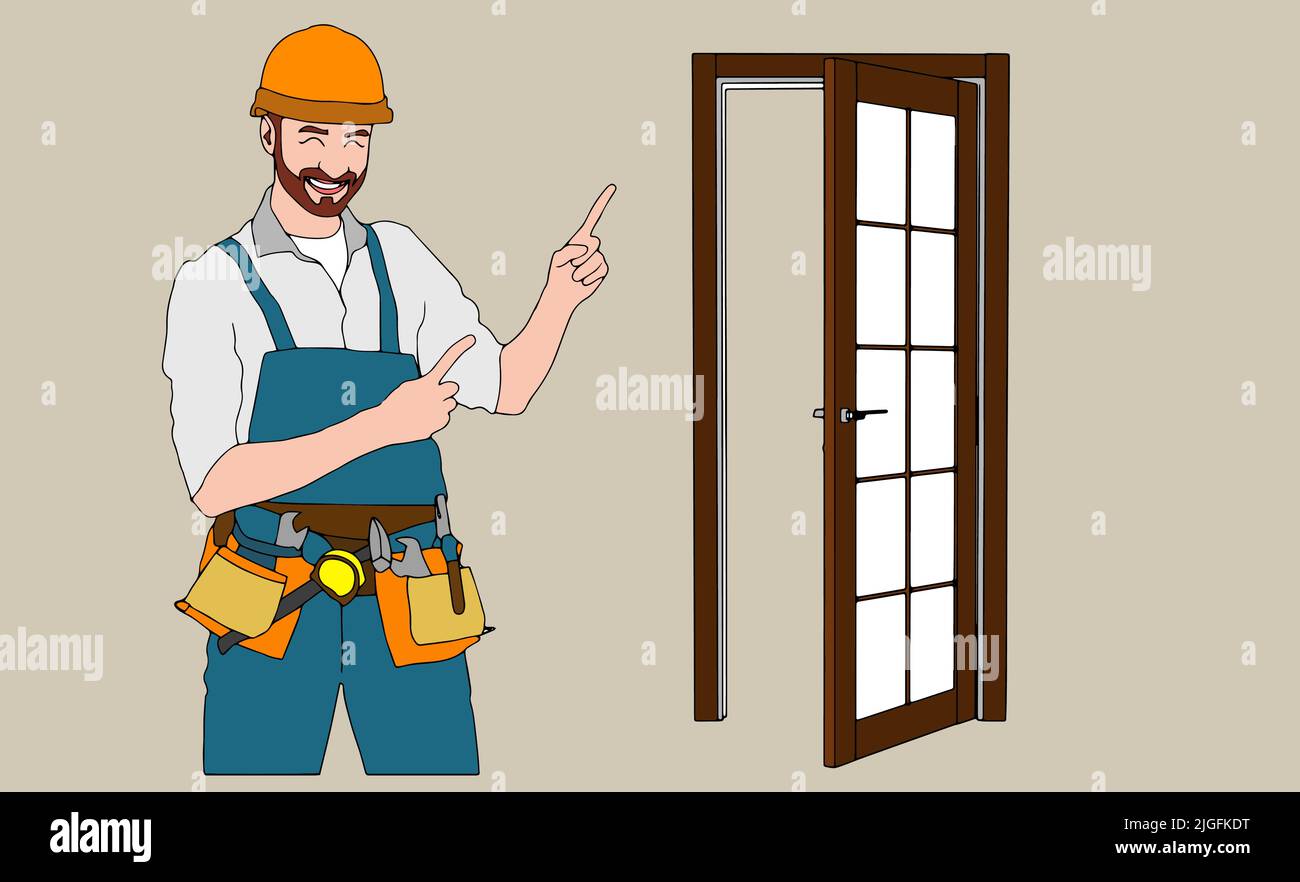 Door service. Repairman in the uniform with special equipment repair ...