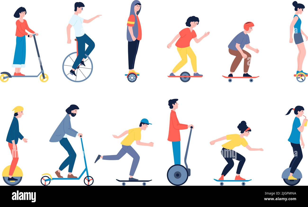 People riding skateboard. Teenage safety ride on segway and wheel ...
