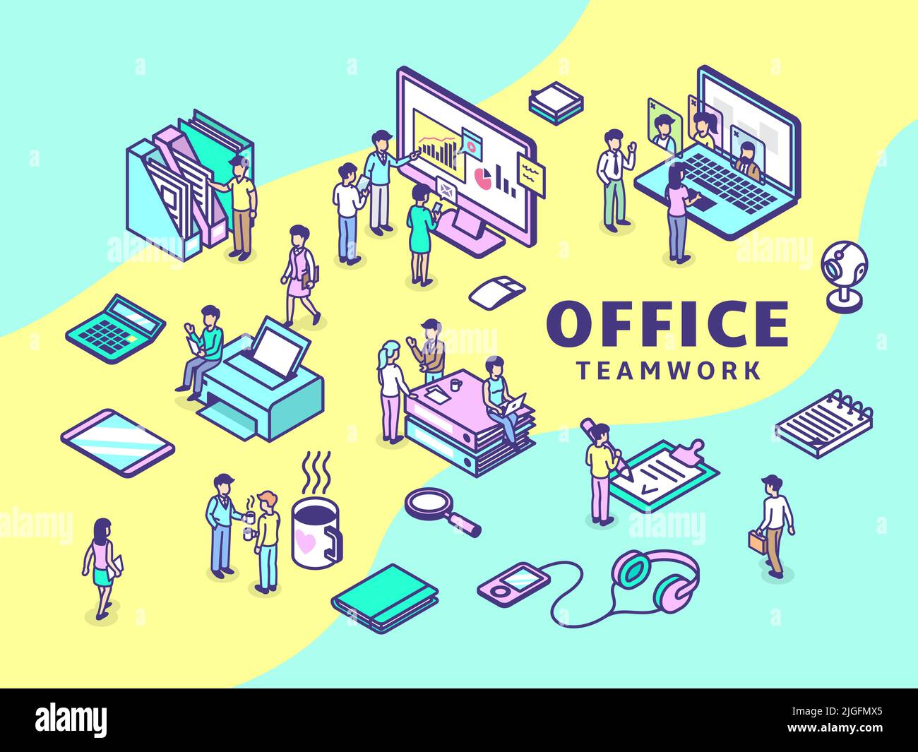 Isometric office work concept. Coworking business flow, staff marketing ...