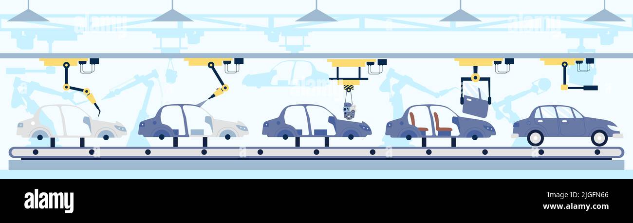 Car conveyor. Manufacturing auto with motor, car smart robotics ...