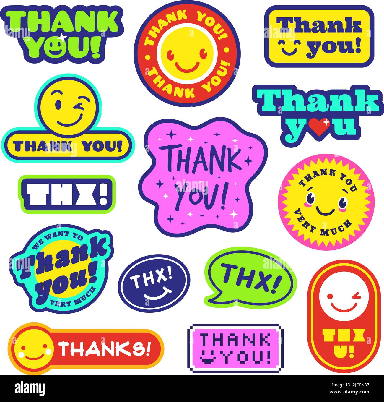 Thank you stickers. Thanks sticker collection with smile faces. Flat ...