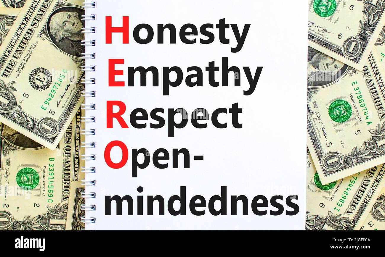 HERO honesty empathy respect open-mindedness symbol. Concept words HERO ...
