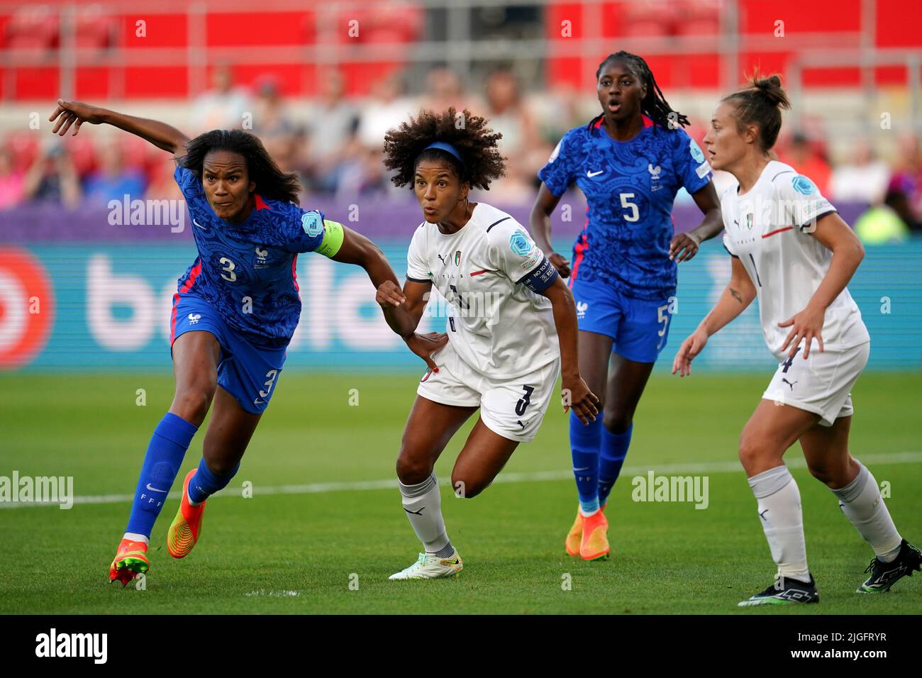 France's Wendie Renard (left) and Italy's Sara Gama prepare for a ...